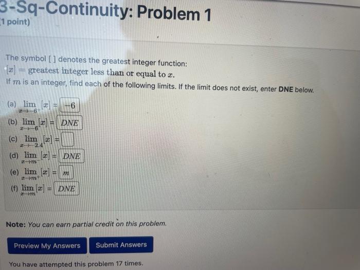 Solved 3-Sq-Continuity: Problem 1 1 point) 1 point) The | Chegg.com