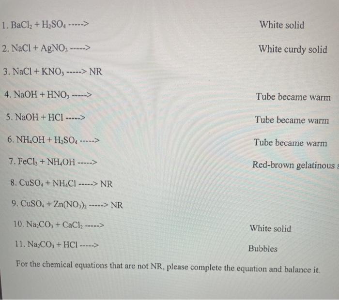 Solved 1. BaCl2 + H2SO4 ---->> White solid 2. NaCl + AgNO3 | Chegg.com