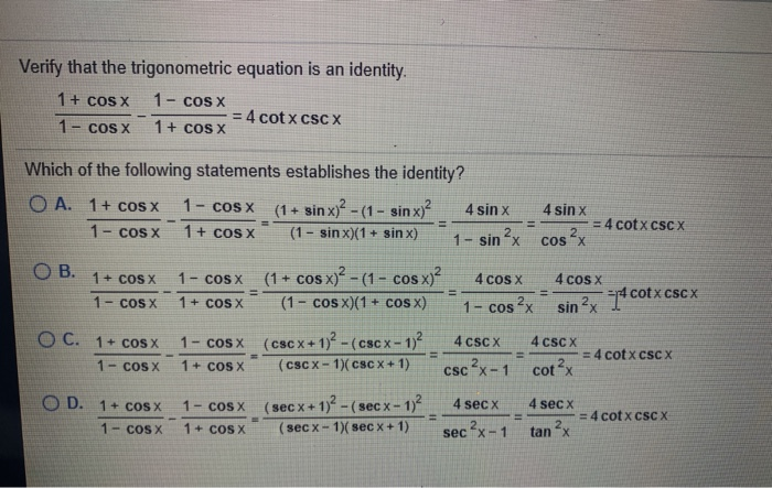 Solved Verify that the trigonometric equation is an | Chegg.com