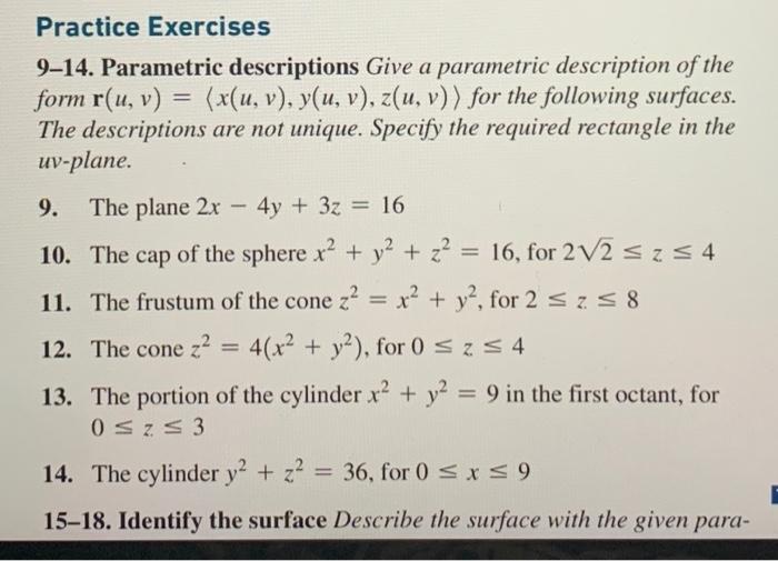 Solved = Practice Exercises 9-14. Parametric descriptions | Chegg.com