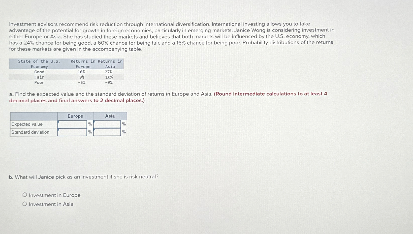 Investment advisors recommend risk reduction through | Chegg.com