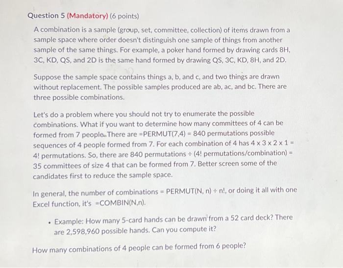 Solved A combination is a sample (group, set, committee, | Chegg.com