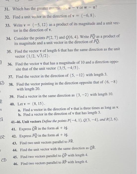 Solved $ a a 31. Which has the greater magnitude, u - v or w | Chegg.com