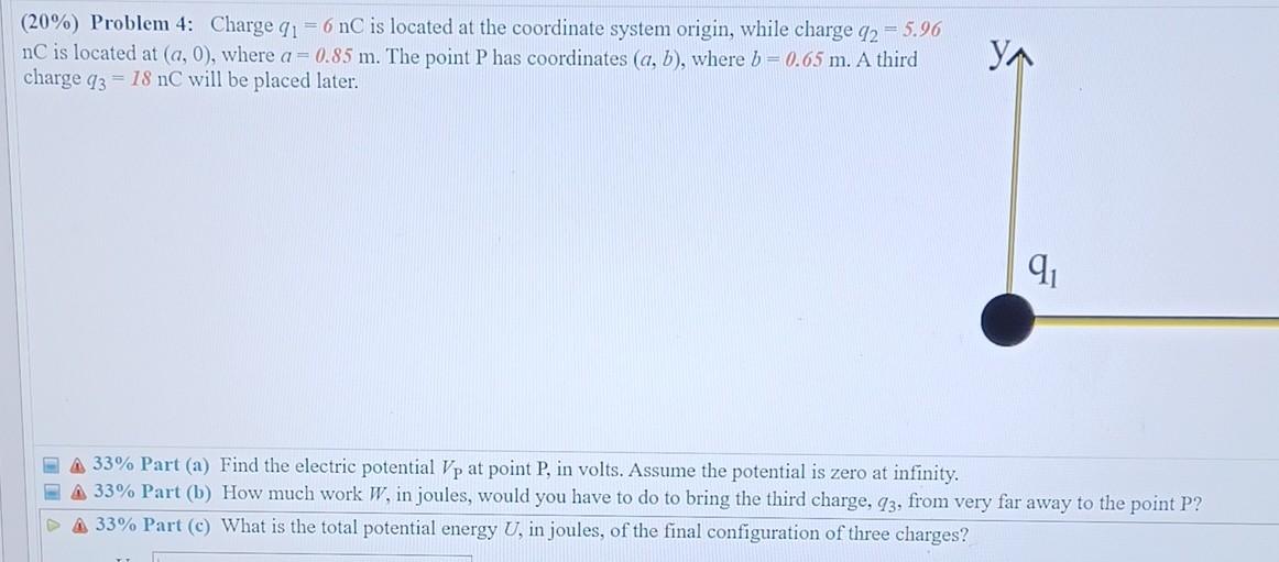 Solved (20\%) Problem 4: Charge q1=6nC is located at the | Chegg.com