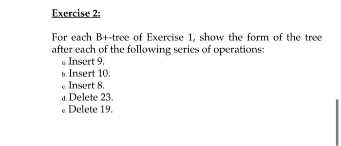Solved Exercise 2: For each B+-tree of Exercise 1, show the | Chegg.com