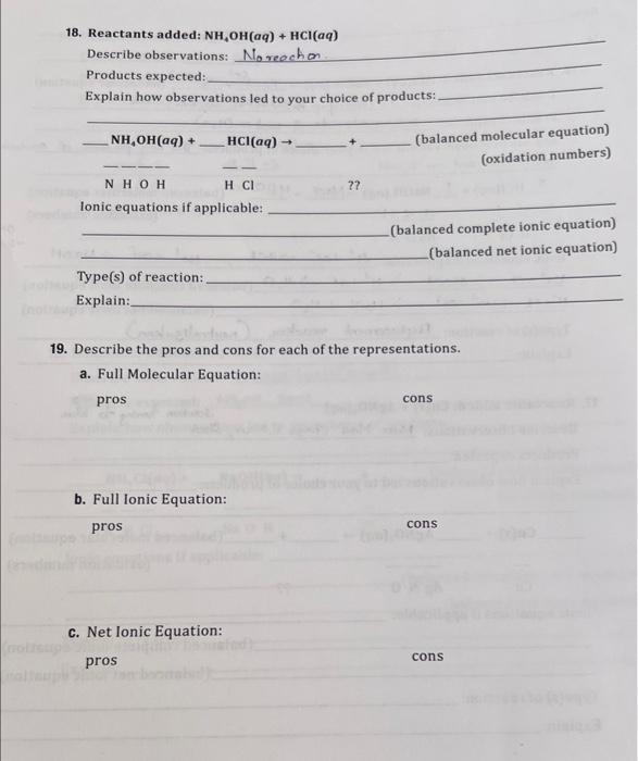 Solved 18. Reactants added: NH4OH(aq)+HCl(aq) Describe | Chegg.com