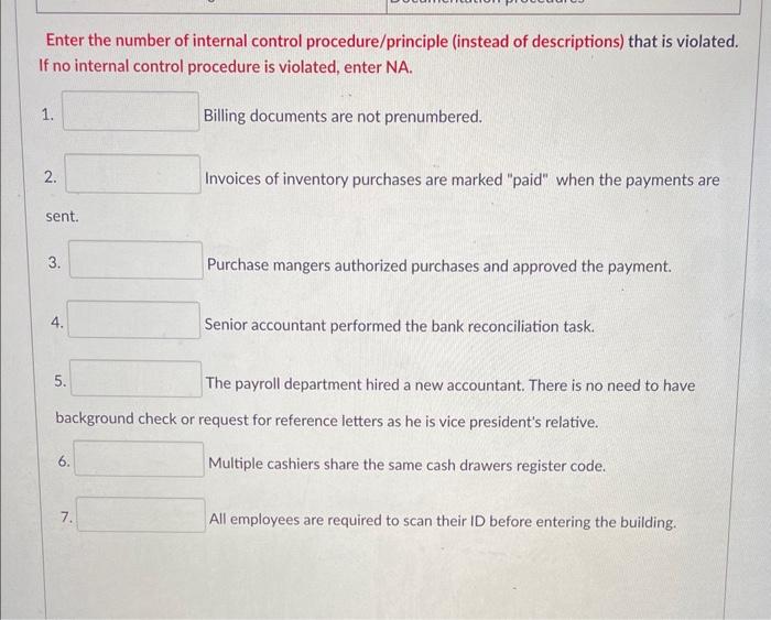Solved Identify which internal control procedures or | Chegg.com