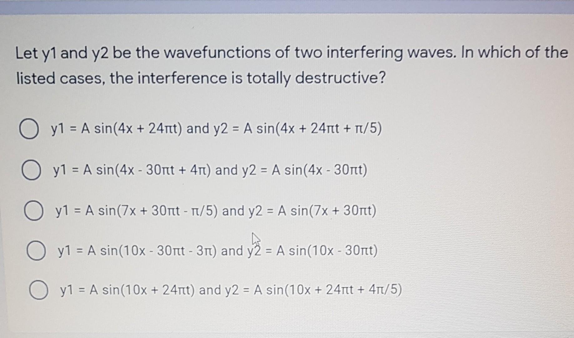 Solved Let y1 and y2 be the wavefunctions of two interfering | Chegg.com