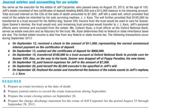 Solved Journal entries and accounting for an estate You | Chegg.com