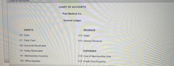 Solved CHART OF ACCOUNTS Pala Medical Co. General Ledger | Chegg.com