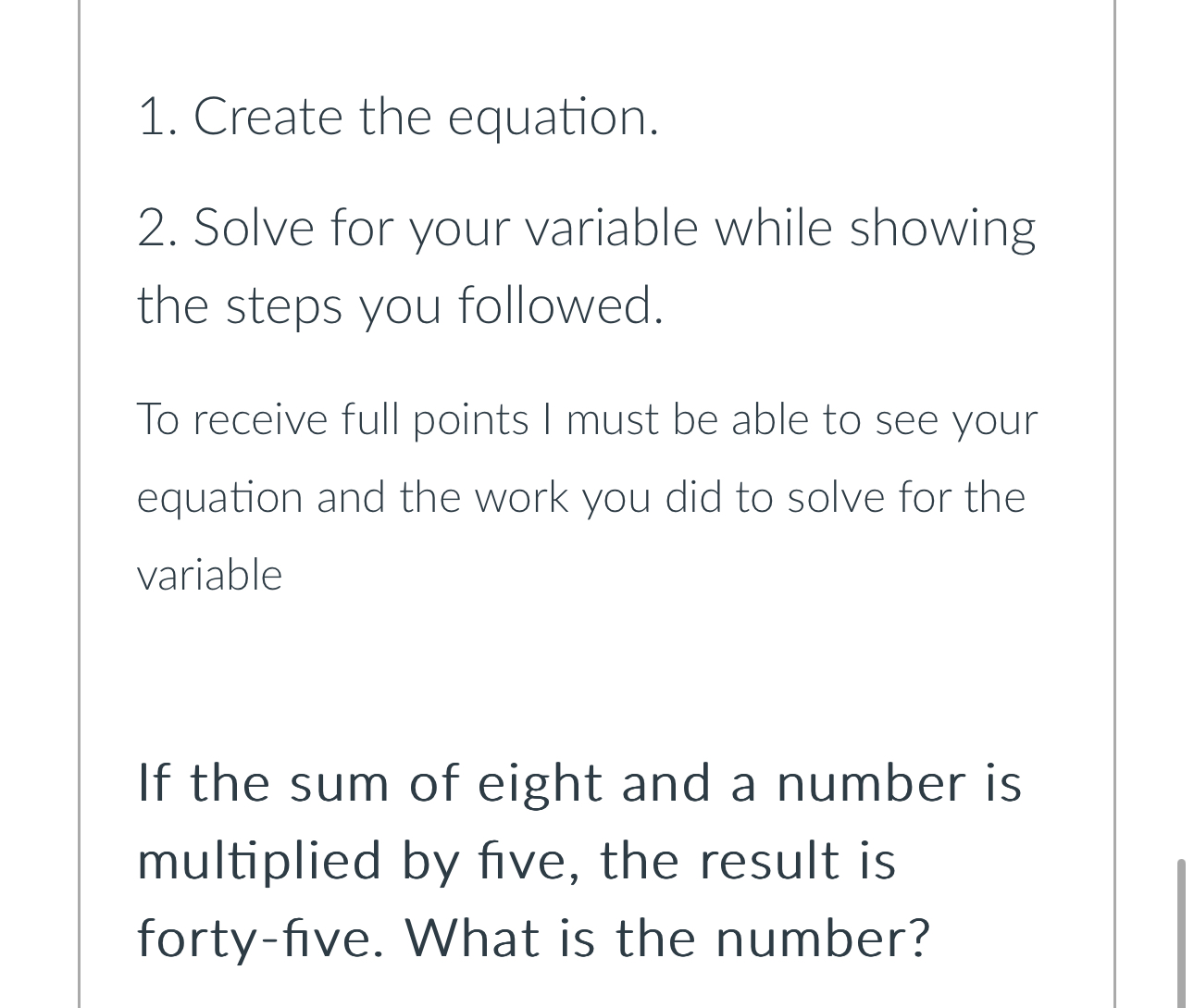 Solved Create the equation.Solve for your variable while | Chegg.com