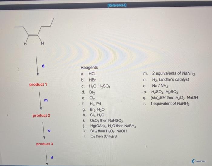 Solved [References) H Reagents a. HCI b. HB C. H20, H2SO4 n. | Chegg.com
