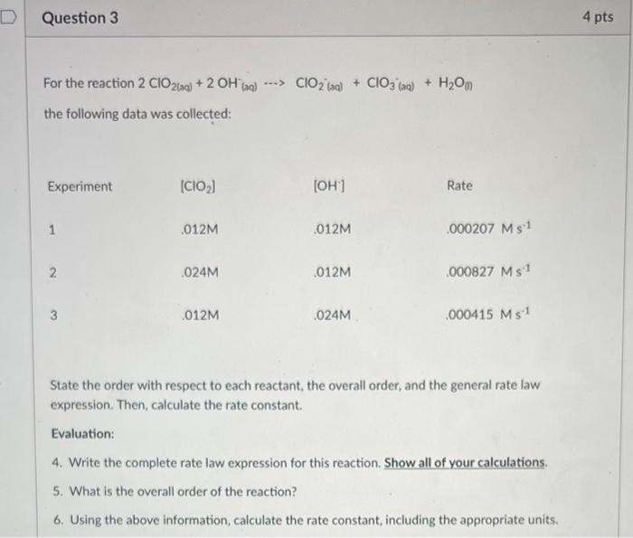 Solved For the reaction 2ClO2(aq)+2OH(aq)⋯ClO2(aaq)+ClO3 | Chegg.com Solved For the reaction 2ClO2(aq)+2OH(aq)⋯ClO2(aaq)+ClO3 | Chegg.com