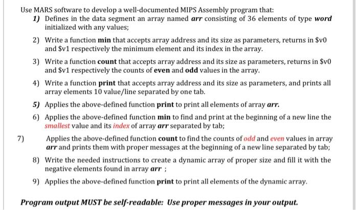 Solved Use MARS software to develop a well-documented MIPS | Chegg.com