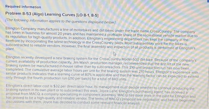 Solved Problem 8-53 (Algo) Learning Curves [LO 8-1, 8-5] | Chegg.com
