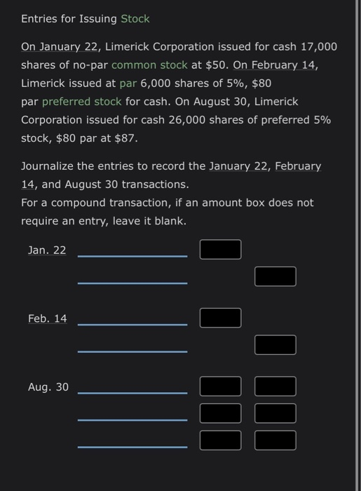 Solved Entries for Issuing Stock On January 22, Limerick | Chegg.com