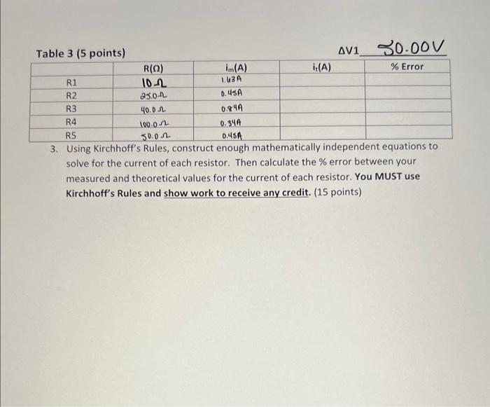 Solved Table 3 ( 5 points) Δv130.00 V 3. Using Kirchhoff's | Chegg.com