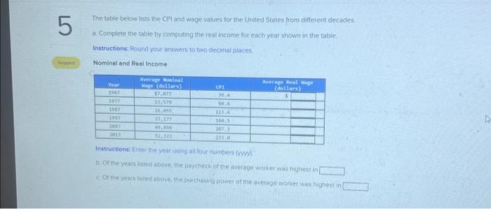 Solved The table below hists the CPI and wage values for the | Chegg.com