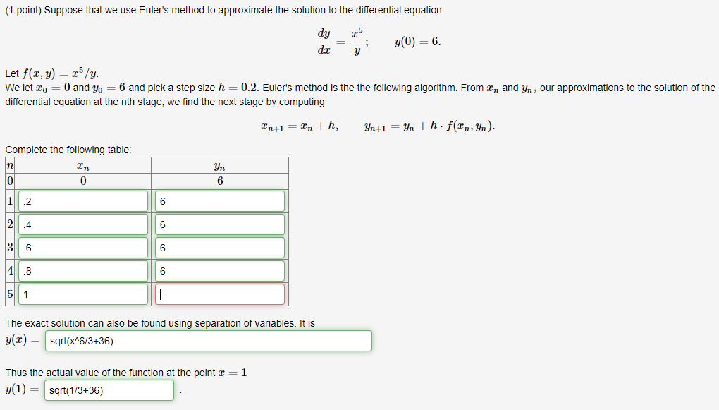 Solved (1 ﻿point) ﻿Suppose that we use Euler's method to | Chegg.com