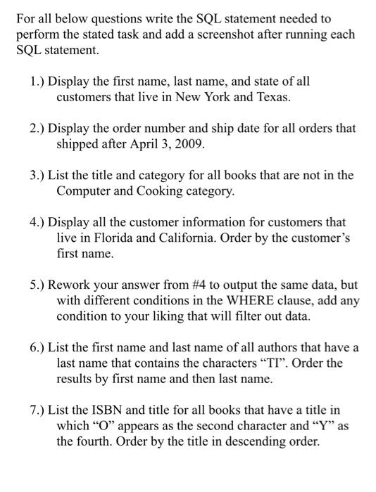 Solved For all below questions write the SQL statement | Chegg.com