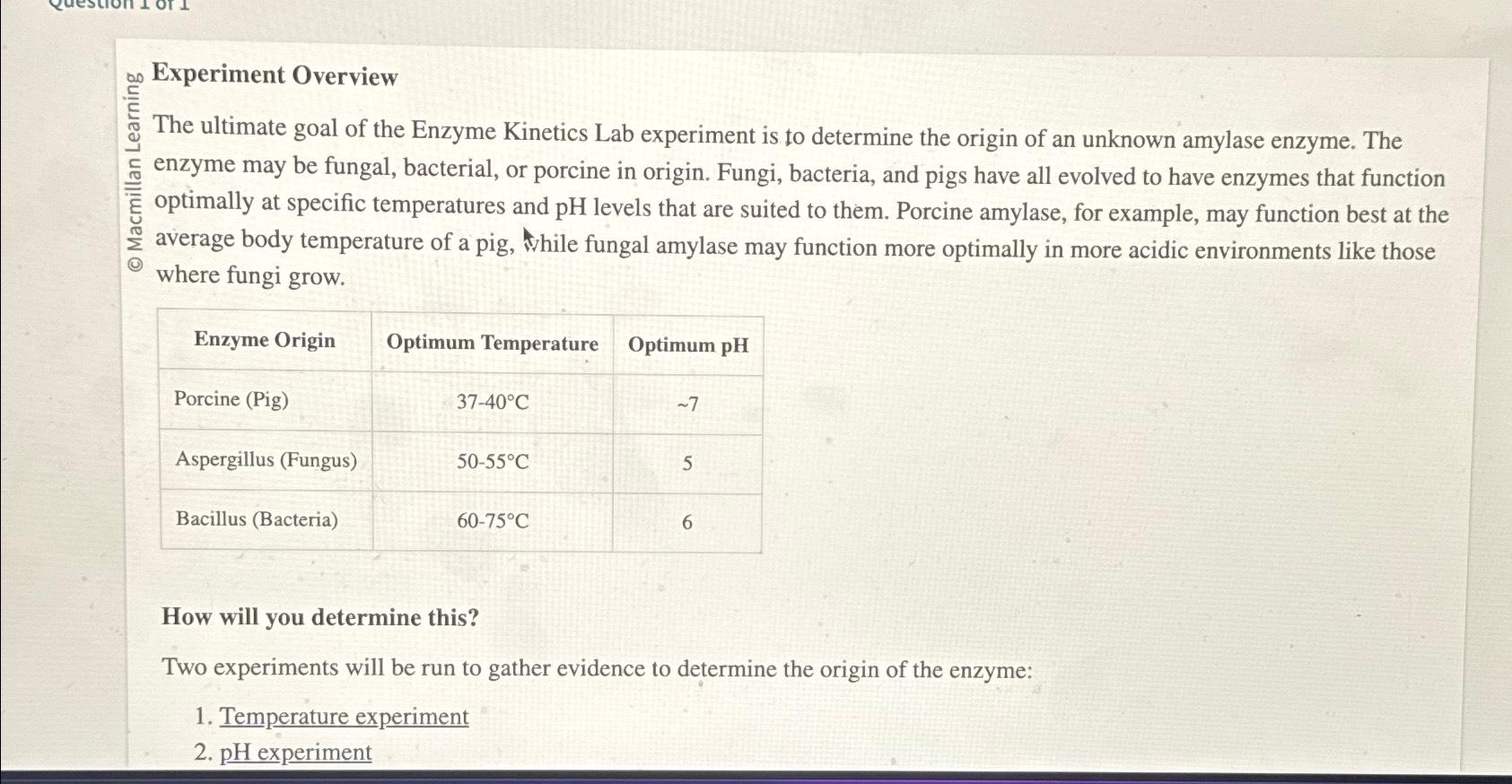Solved Experiment Overview\\nThe ultimate goal of the Enzyme | Chegg.com