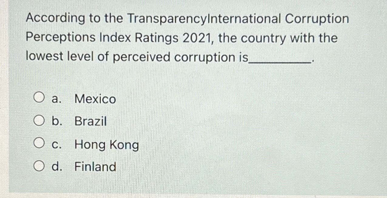 Solved According to the Transparencylnternational Corruption | Chegg.com