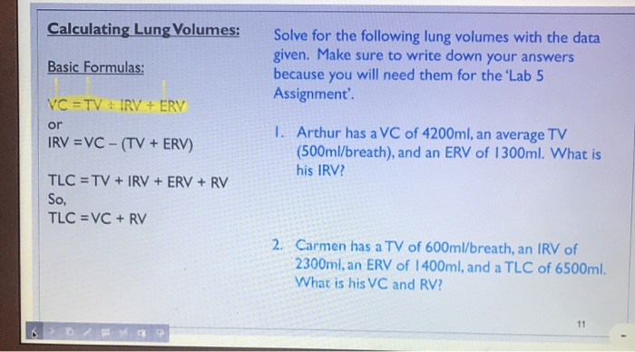 Solved Calculating Lung Volumes: Basic Formulas: Solve for | Chegg.com
