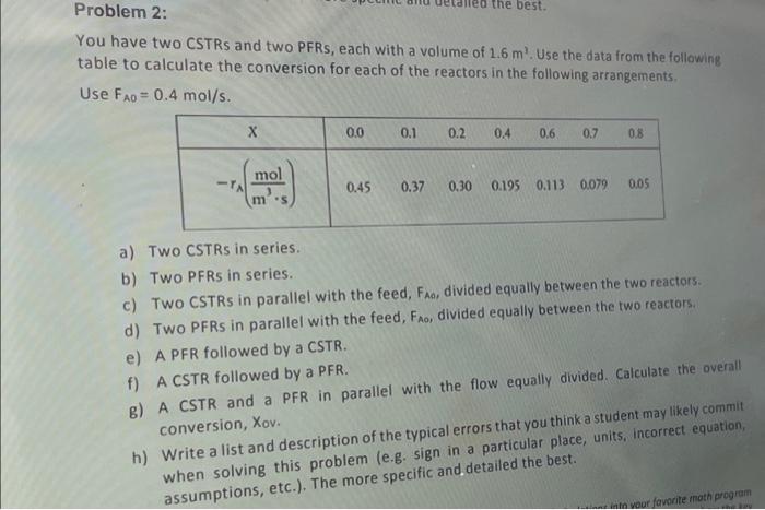 Solved Problem 2 You Have Two Cstrs And Two Pfrs Each With