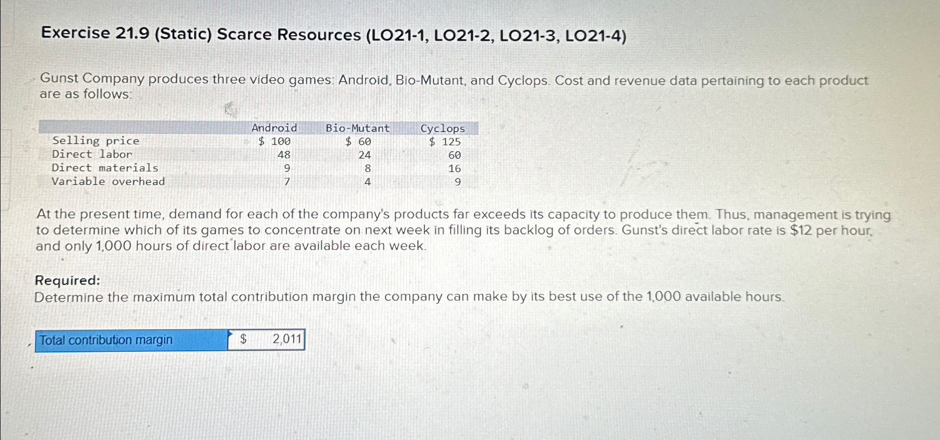 Solved Exercise 21.9 (Static) Scarce Resources (LO21-1, | Chegg.com Solved Exercise 21.9 (Static) Scarce Resources (LO21-1, | Chegg.com