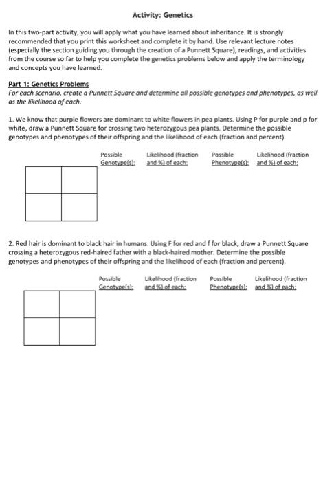 Activity: Genetics In this two-part activity, you | Chegg.com