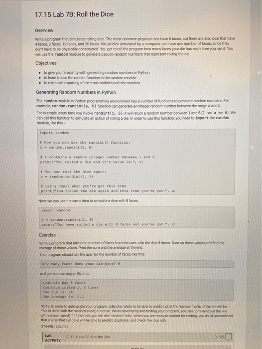 Solved 17.15 Lab 7B: Roll the Dice Overview Write a program | Chegg.com