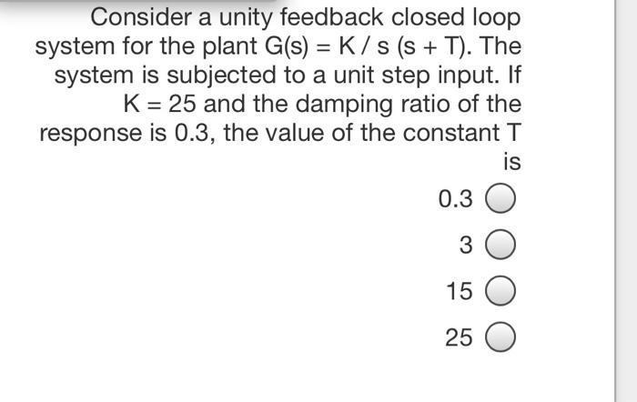 Solved Consider a unity feedback closed loop system for the | Chegg.com