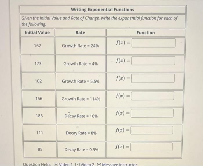 Solved Writing Exponential Functions Given the Initial Value | Chegg.com