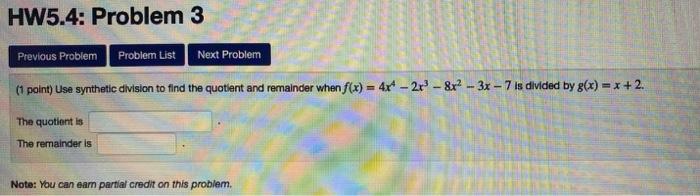 Solved HW5.4: Problem 3 Previous Problem Problern List Next | Chegg.com