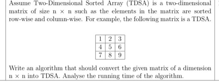 Solved Assume Two-Dimensional Sorted Array (TDSA) is a | Chegg.com