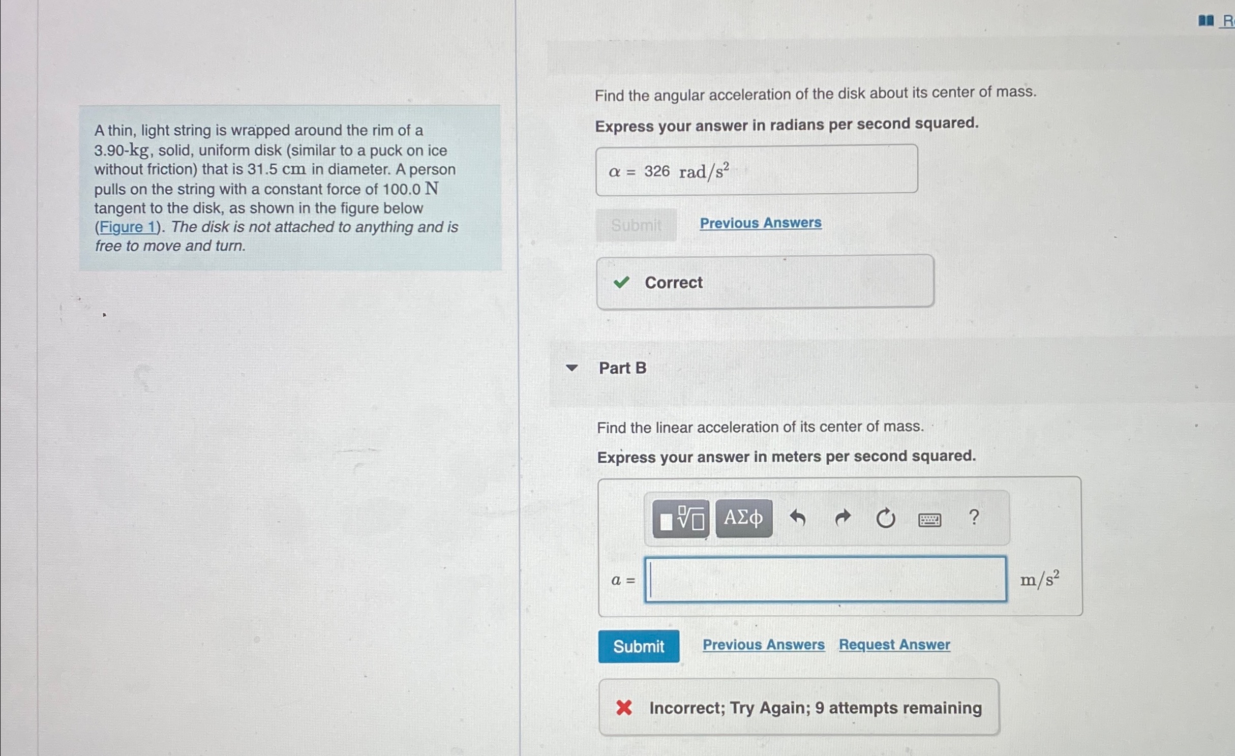 Solved A thin, light string is wrapped around the rim of a | Chegg.com