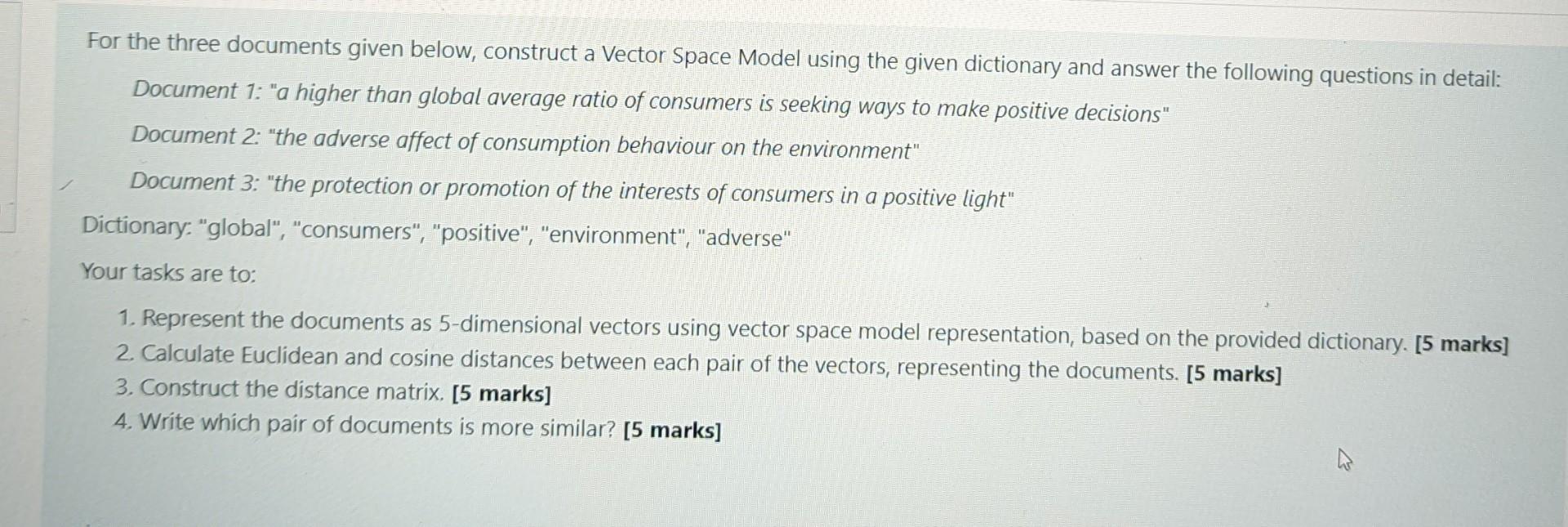 For the three documents given below, construct a | Chegg.com