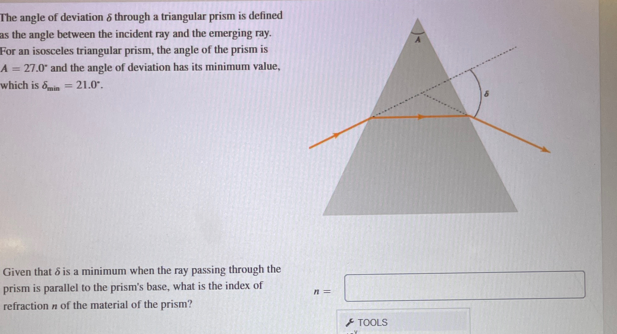 Solved The angle of deviation δ ﻿through a triangular prism | Chegg.com