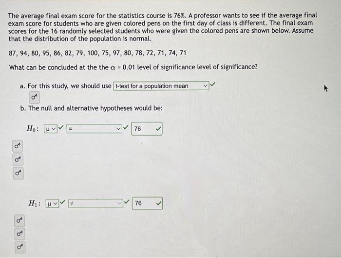 Solved The average final exam score for the statistics | Chegg.com