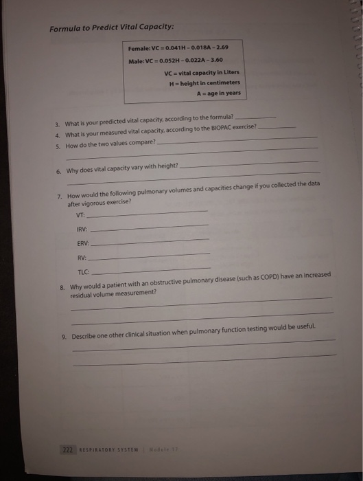 Solved Formula to predict Vital Capacity: Female: | Chegg.com