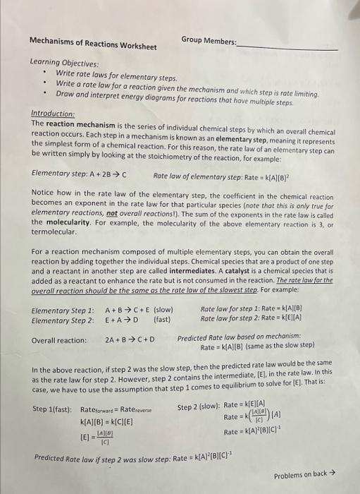 Solved Mechanisms of Reactions Worksheet Group Members: | Chegg.com