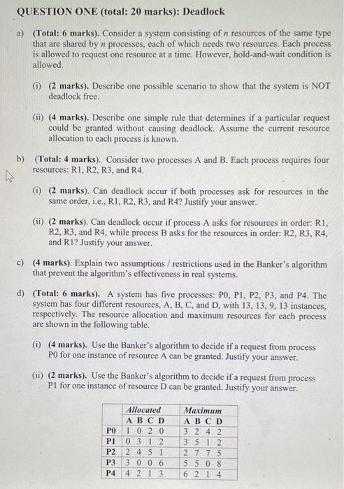 Solved QUESTION ONE (total: 20 marks): Deadlock a) (Total: 6 | Chegg.com