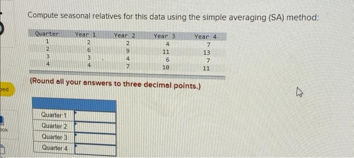 Solved Compute seasonal relatives for this data using the | Chegg.com