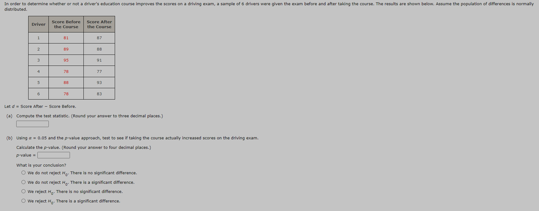 distributed.Let d= ﻿Score After - ﻿Score Before.(a) | Chegg.com
