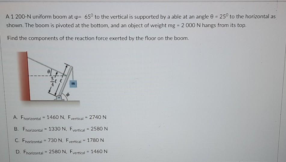 Solved A1 200-N uniform boom at v= 65° to the vertical is | Chegg.com