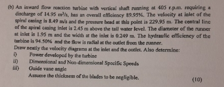 Solved (b) ﻿An inward flow reaction turbine with vertical | Chegg.com