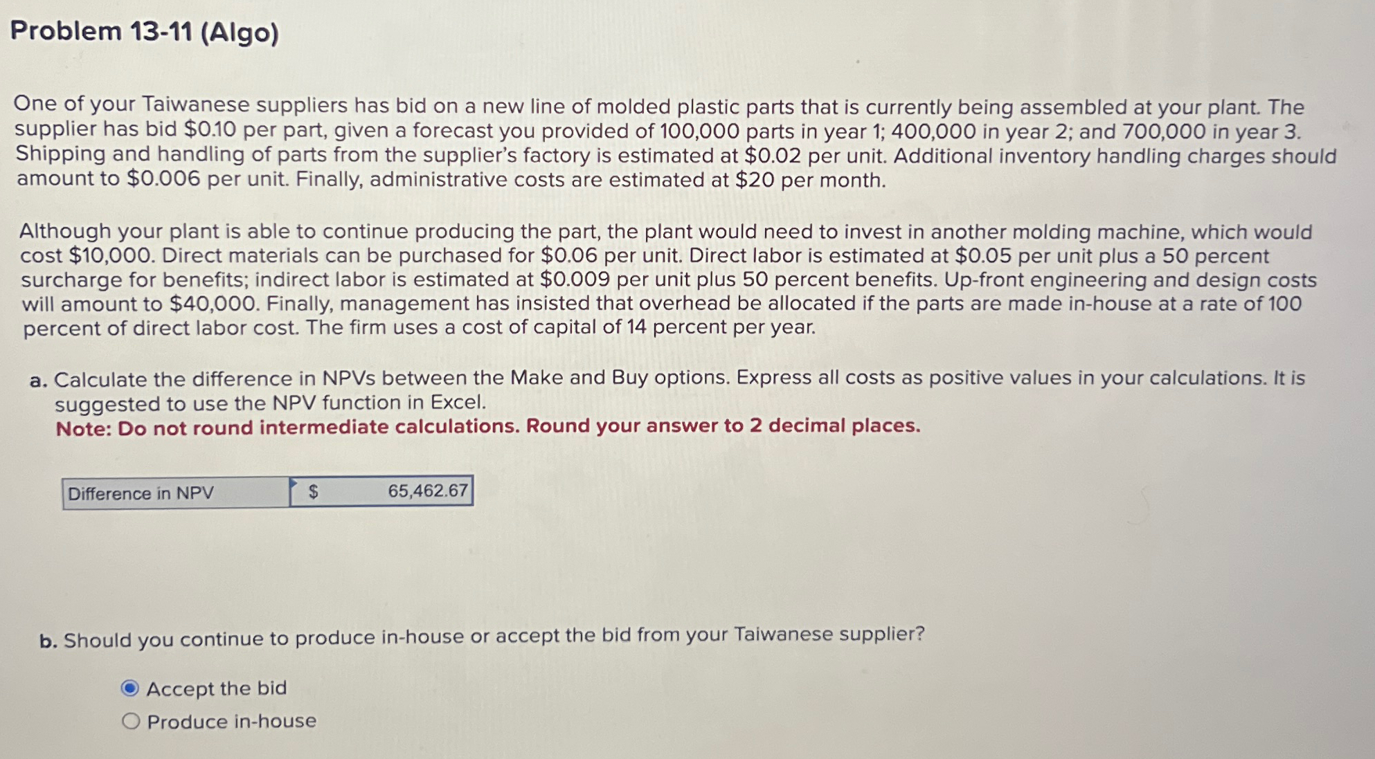 Solved Problem 13-11 (Algo)One of your Taiwanese suppliers | Chegg.com