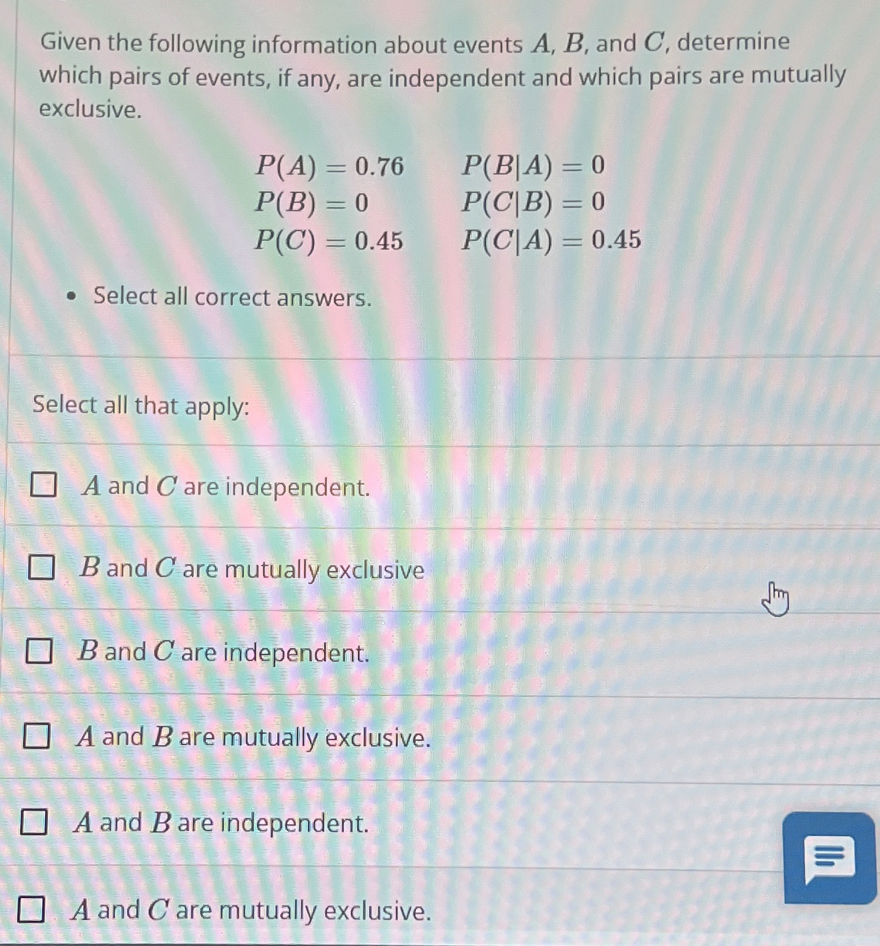 Solved Given the following information about events A,B, | Chegg.com