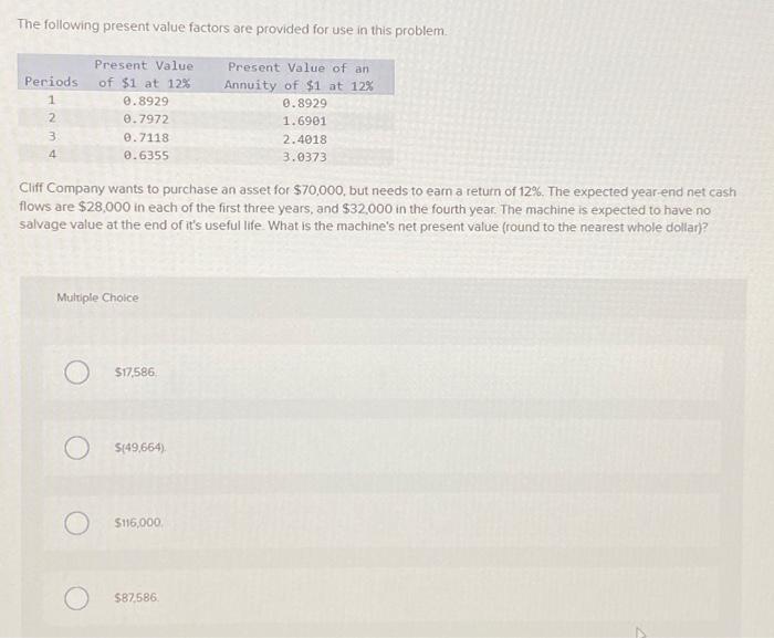 Solved The following present value factors are provided for | Chegg.com
