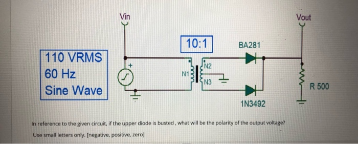 Solved Vout 10:1 BA281 110 VRMS 60 Hz Sine Wave R 500 1N3492 | Chegg.com